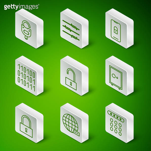 Set line Password protection, Social network, Lock and key, Open padlock, Binary code, Barbed ...