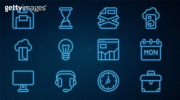 Set line Briefcase, Calendar, Delete file document, Light bulb, Cloud database, Floppy disk ...