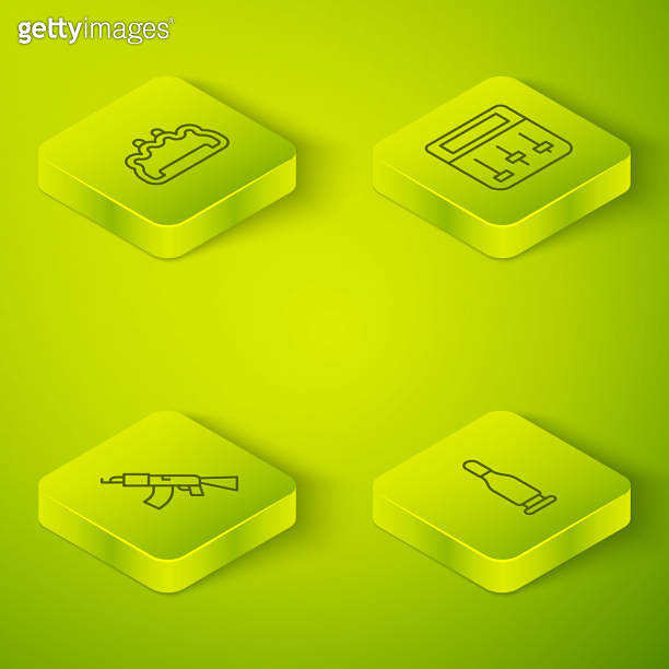 Set Isometric line Drum machine music, Submachine gun, Bullet and Brass ...