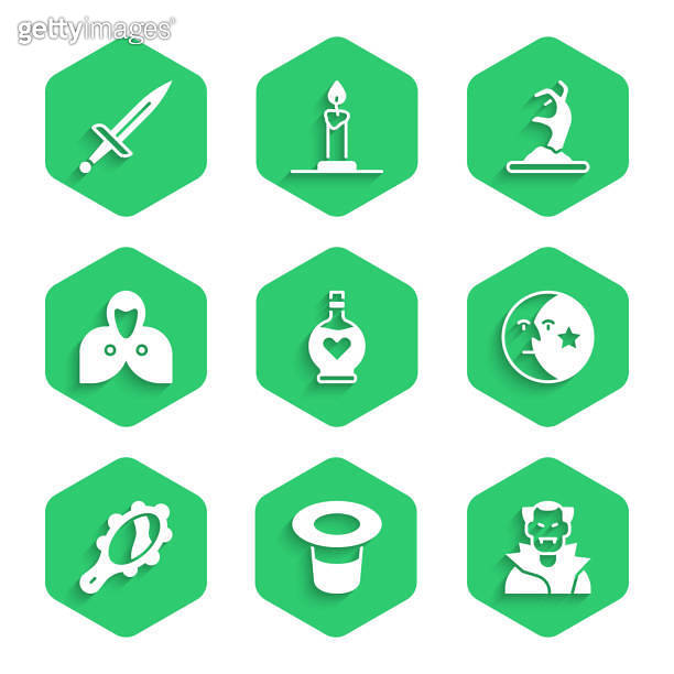 Set Bottle with love potion, Magic hat, Vampire, Moon and stars, hand ...