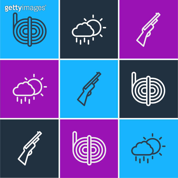 Set line Climber rope, Hunting gun and Cloud with rain icon. Vector 이미지 ...