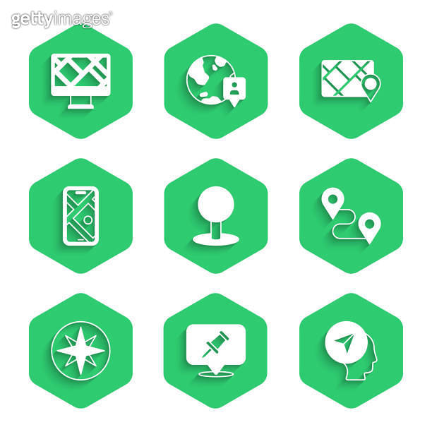Set Push pin, Map marker with human, Route location, Wind rose, City ...