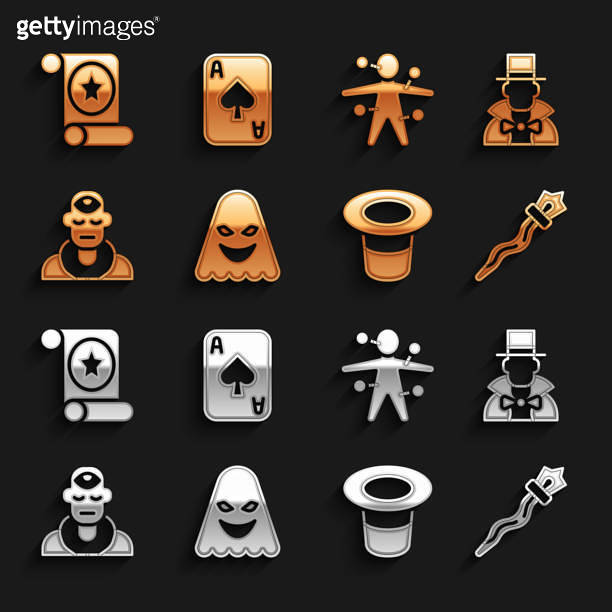 Set Ghost, Magician, staff, hat, Wizard warlock, Voodoo doll, scroll ...