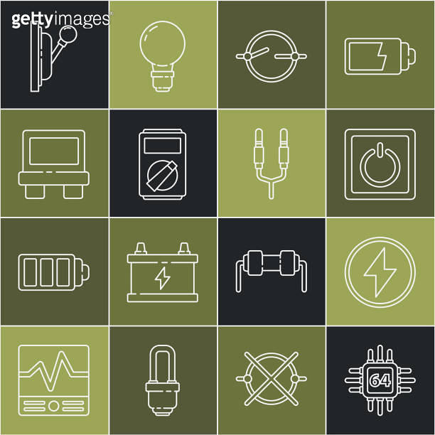 Set line Processor with microcircuits CPU, Lightning bolt, Electric light switch, scheme ...