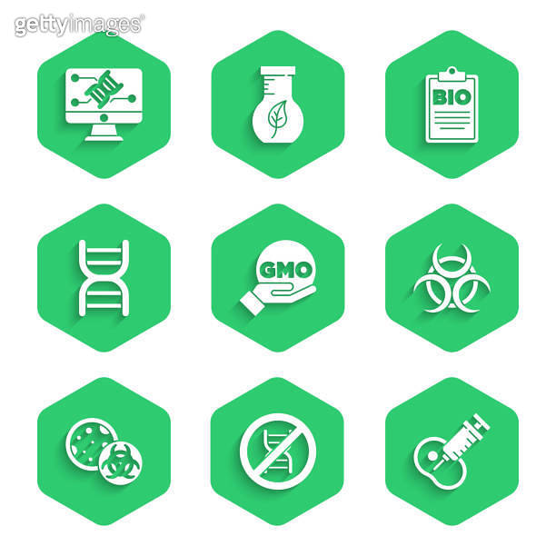 Set GMO, Stop, Genetically modified meat, Biohazard symbol, DNA ...