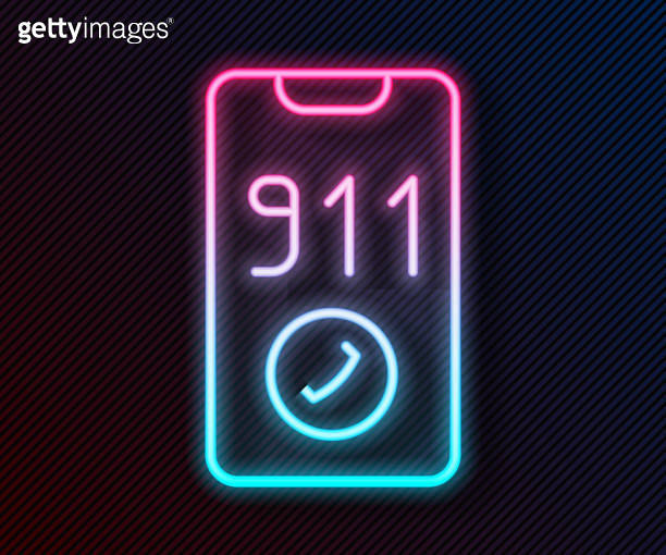 Glowing neon line Telephone with emergency call 911 icon isolated on ...