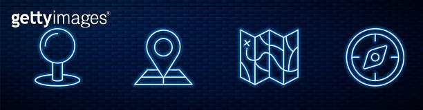 Set line Folded map, Push pin, with location marker and Compass. Glowing neon icon on brick wall ...