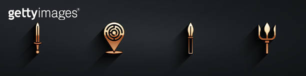 Set Medieval sword, Minotaur labyrinth, spear and Neptune Trident icon ...