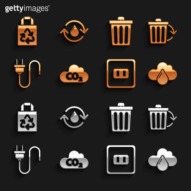 Set CO2 emissions in cloud, Recycle bin with recycle, Cloud rain ...