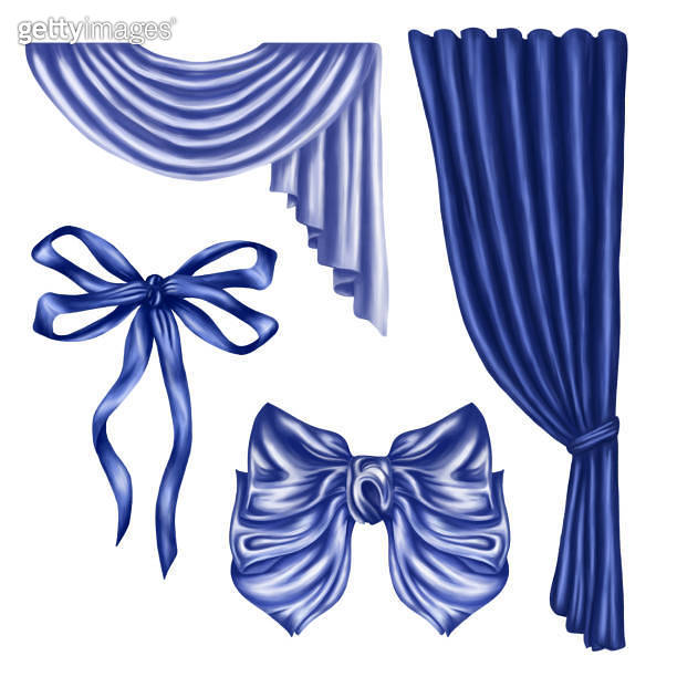 A set of draped objects made of blue shiny fabric. Home curtains and ...