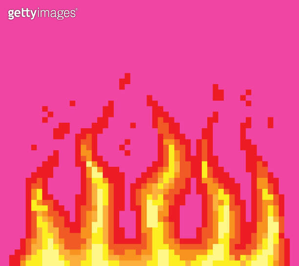 Pixel fire. Art 8 bit fire objects. Game icons set. Comic boom flame ...
