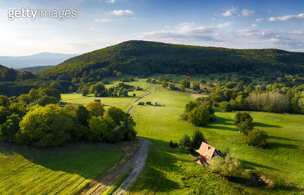 Green meadow with forest from drone with nice hill, Slovakia ...