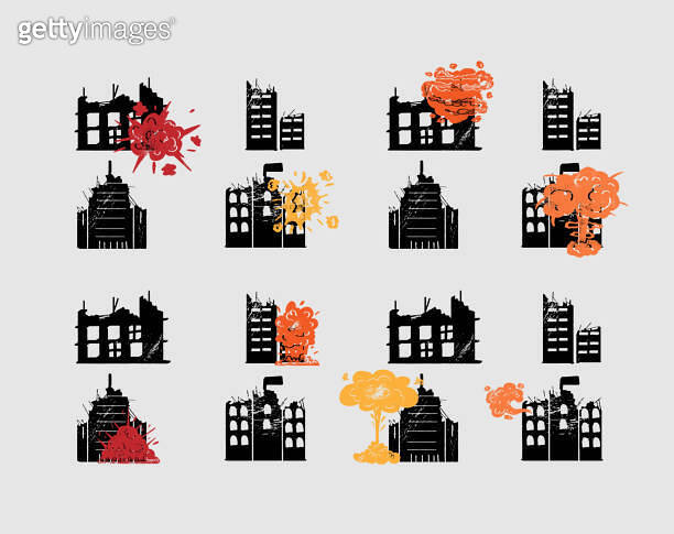 Old ruined silhouette, abandoned and collapsed buildings set. Apartment ...