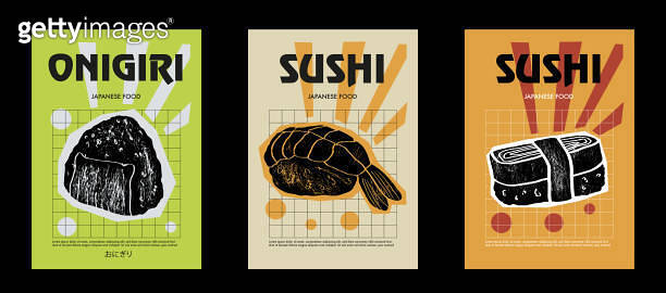 Japanese sushi, onigiri set. Price tag or poster design. Set of vector ...