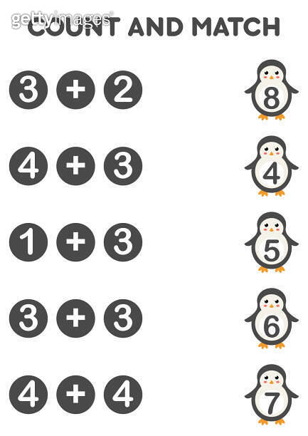 Math addition game for kids. Count and match with cute penguin ...