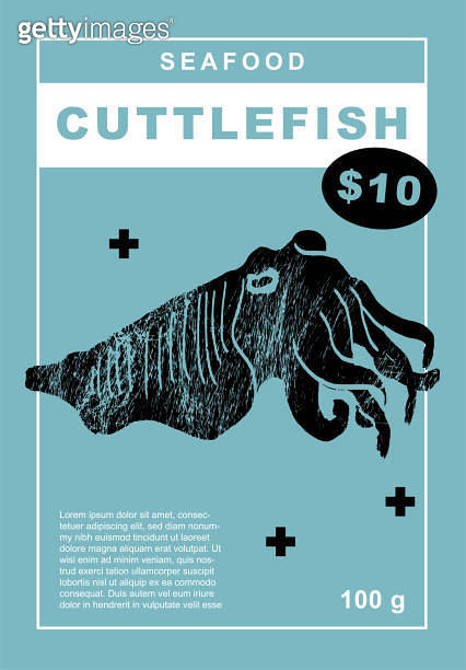 Cuttlefish. Set of posters of fishes and seafood in a abstract draw ...