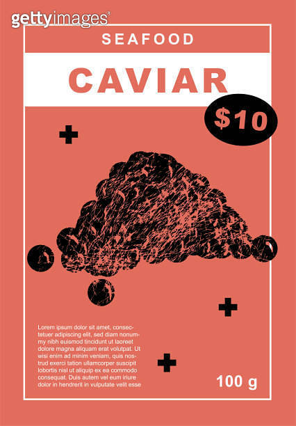 Caviar. Set of posters of fishes and seafood in a abstract draw design ...