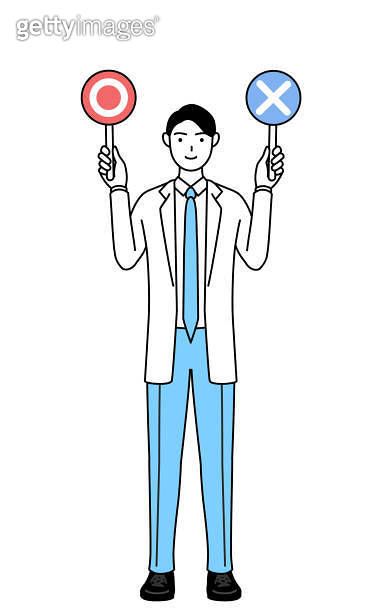 A man doctor in white coats holding a stick indicating correct and ...