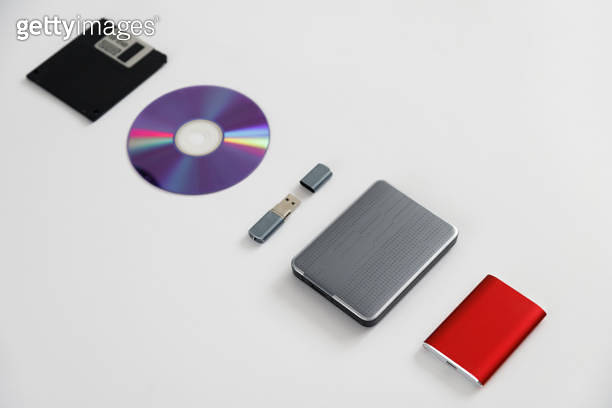 Set of external Storage media. Storage device evolution. Different data ...