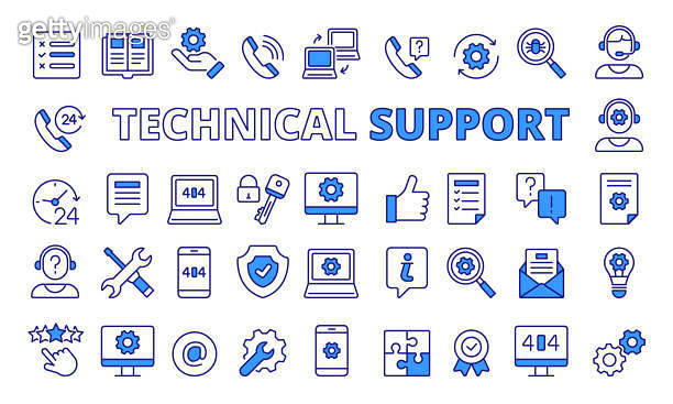 Set of Technical support icons in line design blue. Computer support ...