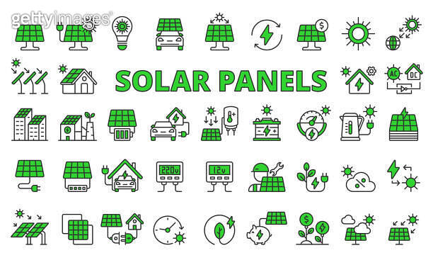 Solar panels icon set in line design green. Energy, Green, Electricity ...