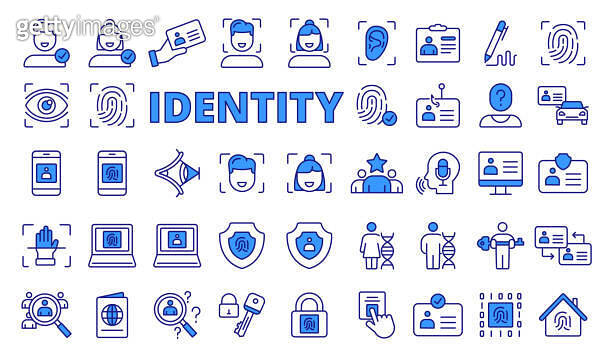 Set of identity icons in line design blue. Identification, fingerprint ...