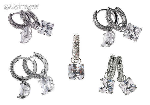 Elegant jewelry. Collage with luxury earrings on white background ...