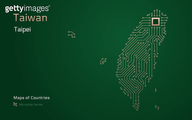 Taiwan Glowing Map with a capital of Taipei Shown in a Microchip ...