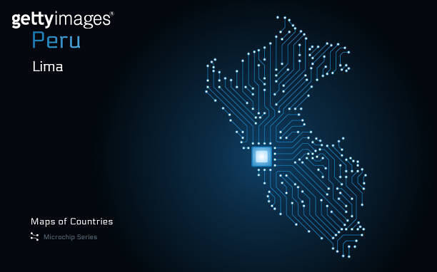 Peru Map with a capital of Lima Shown in a Microchip Pattern. E ...