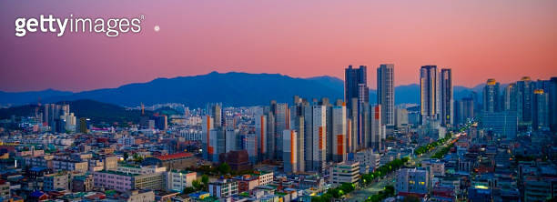 Moonrise over Daegu City skyline in South Korea, Apsan mountain and ...