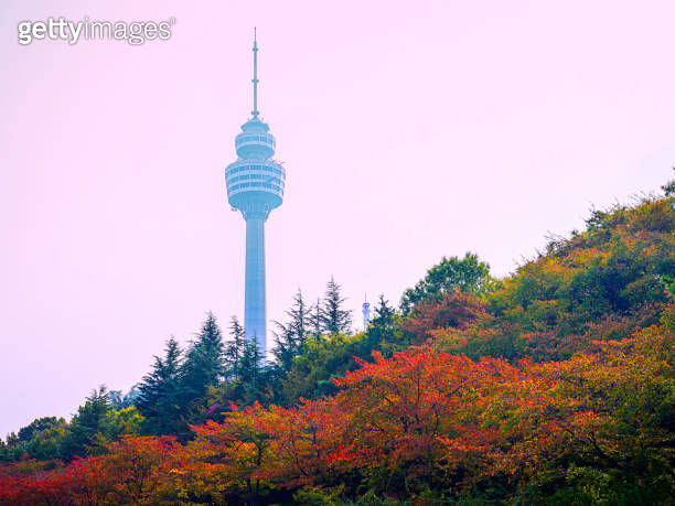 Daegu City Autumn Skyline at pink sunrise in South Korea over the Duryu ...