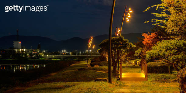 Gyeongju City Sunrise Landscape at dawn at Footbridge over Nam Chon or ...