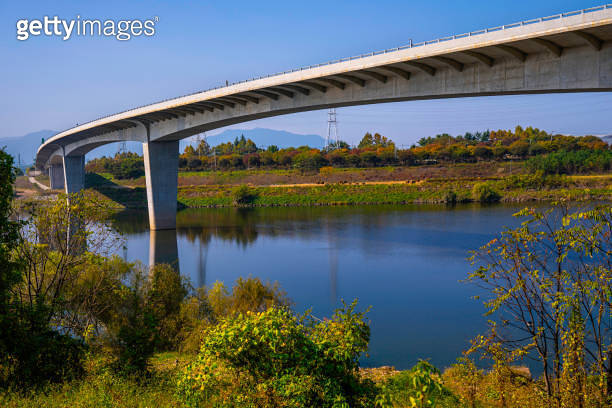 Daegu City nature landscape in autumn, tranquil riverbank, forest, and ...