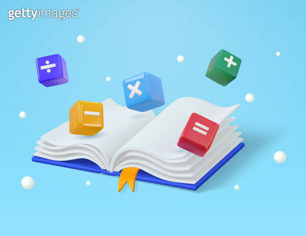 3d primary Math learning concept with opened handbook, basic math ...
