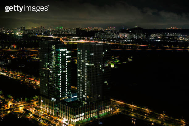 Incheon City Skyline at night in South Korea, tall clusters of ...