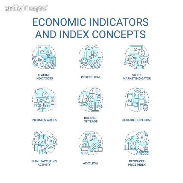 Economic indicators and index turquoise concept icons set 이미지 ...