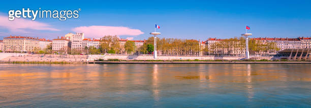 Lyon city skyline and tranquil beautiful scenery along the riverbank of ...