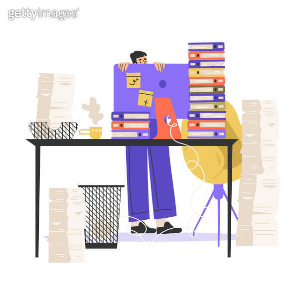 Office Bureaucracy with Man Character Hiding Behind Computer Afraid of ...