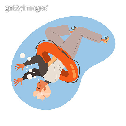 Unconscious Man Character in Office Clothes with Lifebuoy Drowning and ...