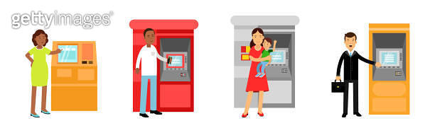 People Characters Using Electronic Self Service Terminals and ATM Machine Vector Illustration ...