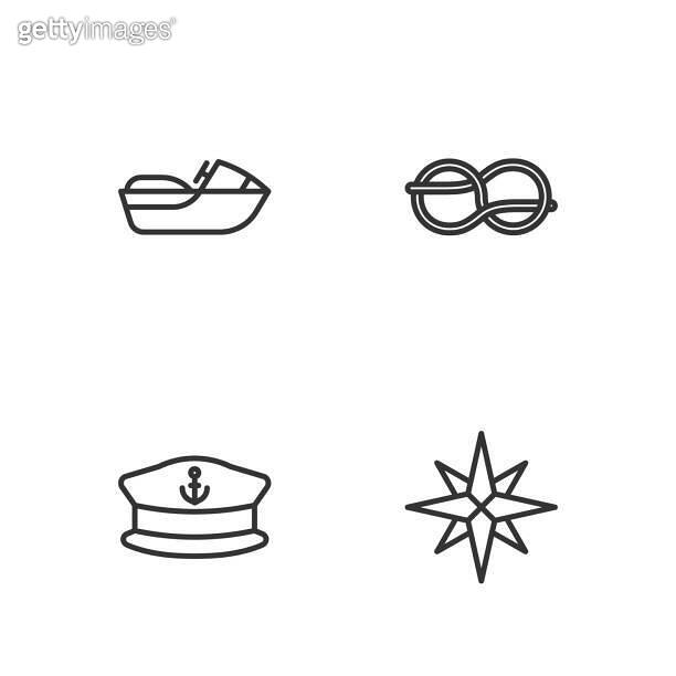 Set line Wind rose, Captain hat, Jet ski and Nautical rope knots icon ...