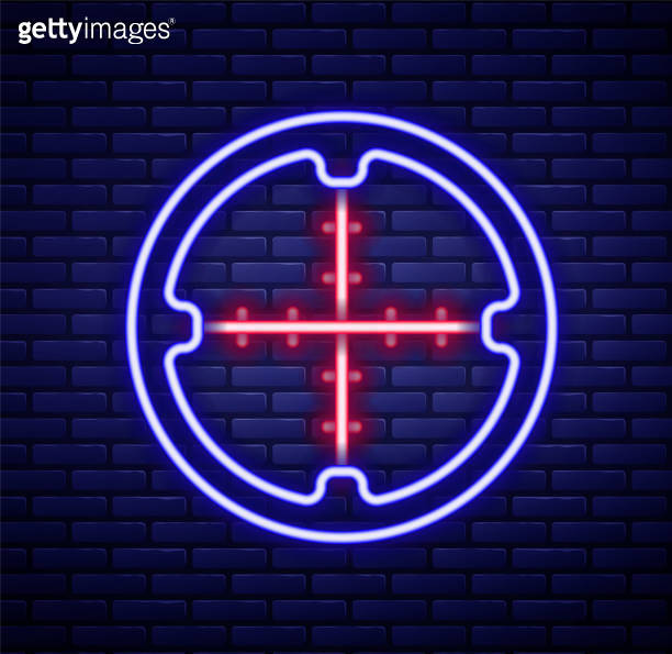 Glowing neon line Sniper optical sight icon isolated on brick wall ...