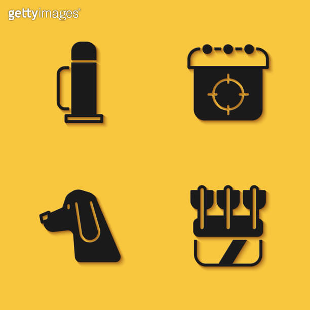 Set Thermos container, Quiver with arrows, Hunting dog and Target sport ...