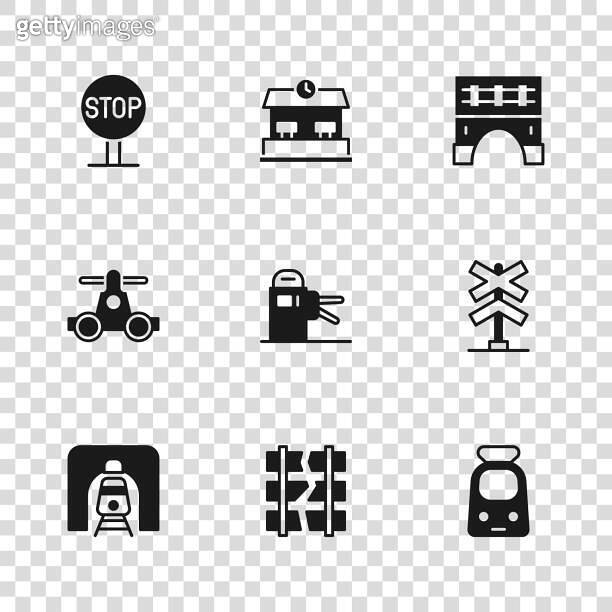 Set Broken or cracked railway, Railroad crossing, Train and, Turnstile ...