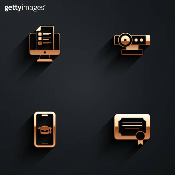Set Online quiz, test, survey, Web camera, Graduation cap on mobile and ...