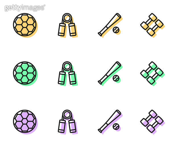 Set line Baseball bat with ball, Soccer football, Sport expander and ...