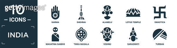 filled india icon set. contain flat karma, shehnai, alamelu, lotus ...