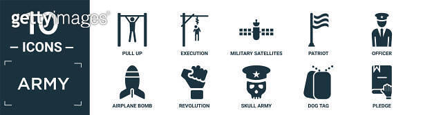 filled army icon set. contain flat pull up, execution, military ...