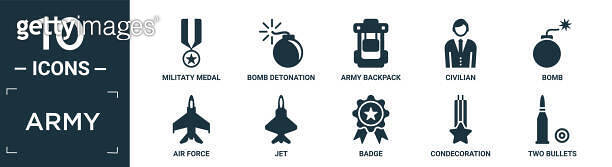 filled army icon set. contain flat militaty medal, bomb detonation ...
