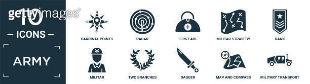 filled army icon set. contain flat cardinal points on winds star, radar ...